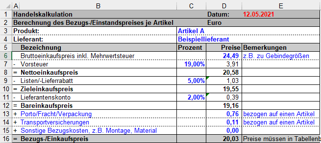 Handelskalkulation: Arbeitshilfe in Excel