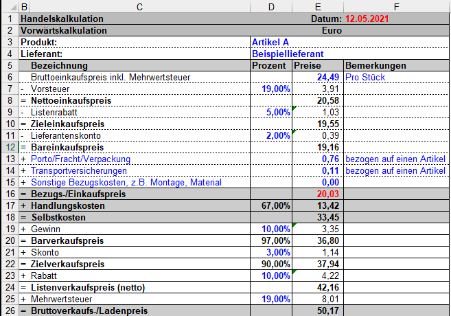 Handelskalkulation: Arbeitshilfe in Excel